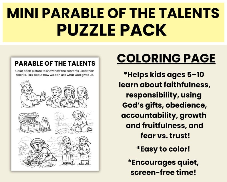 Parable of the Talents Activity for Kids - Bible Puzzle & Coloring ...