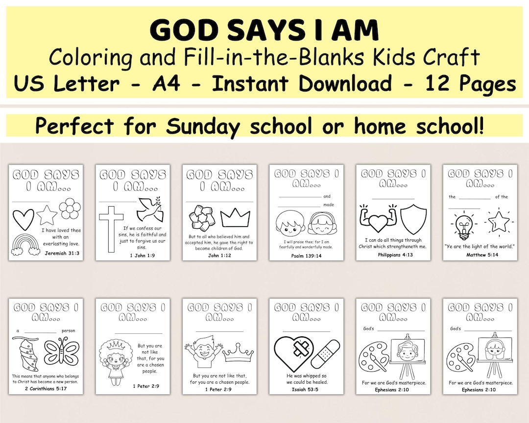 God Says I Am Coloring Craft for Kids - Fill in the Blanks Bible ...