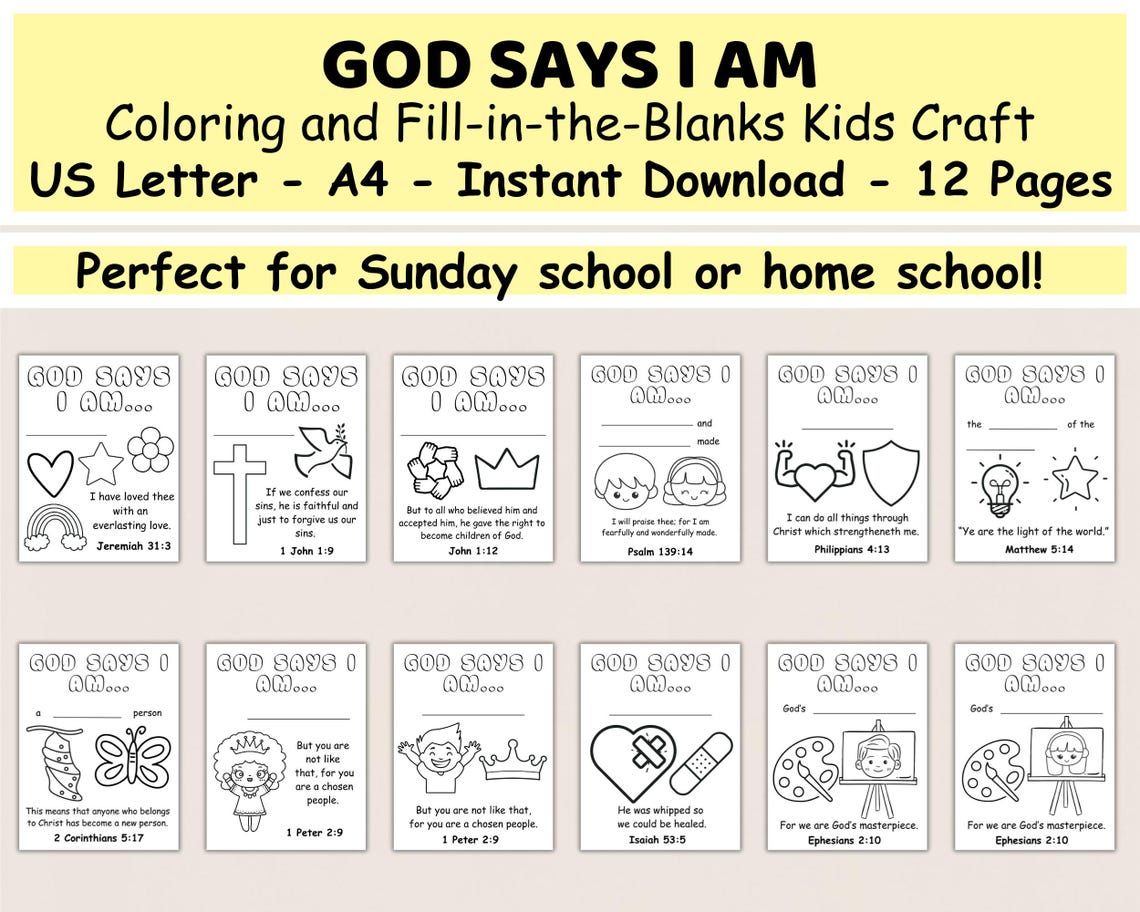 God Says I Am Coloring Craft for Kids - Fill in the Blanks Bible ...