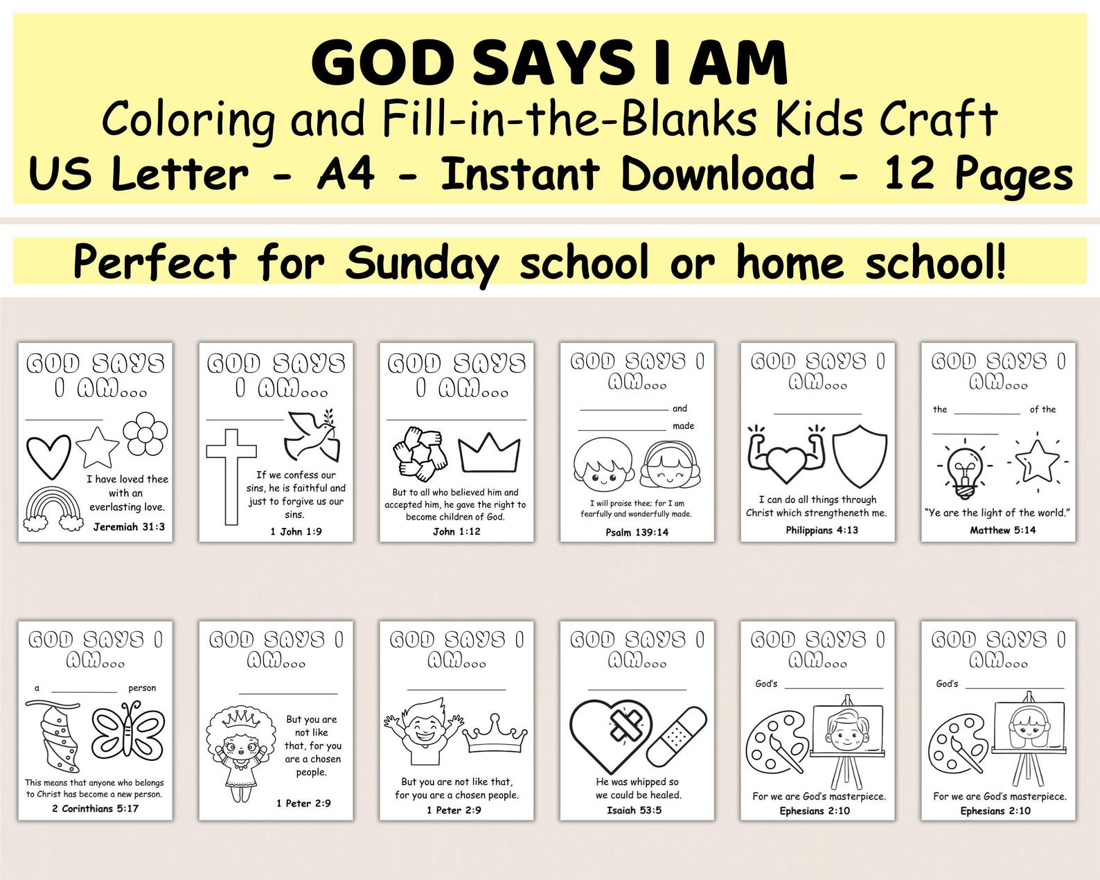 God Says I Am Coloring Craft for Kids - Fill in the Blanks Bible ...