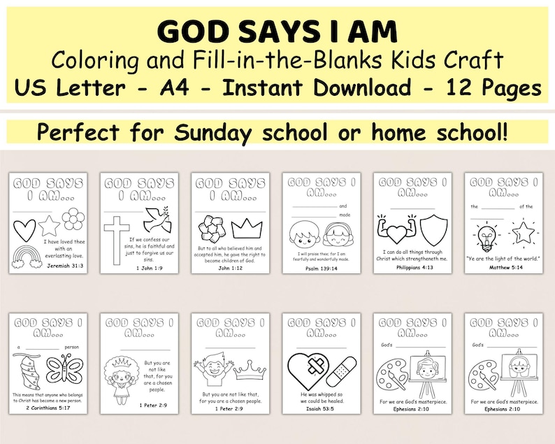 God Says I Am Coloring Craft for Kids - Fill in the Blanks Bible ...