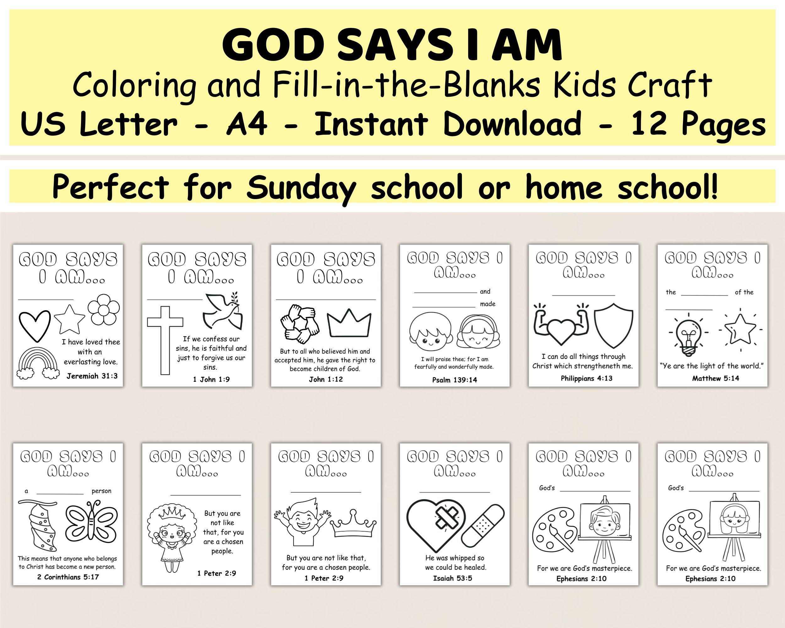 God Says I Am Coloring Craft for Kids - Fill in the Blanks Bible ...