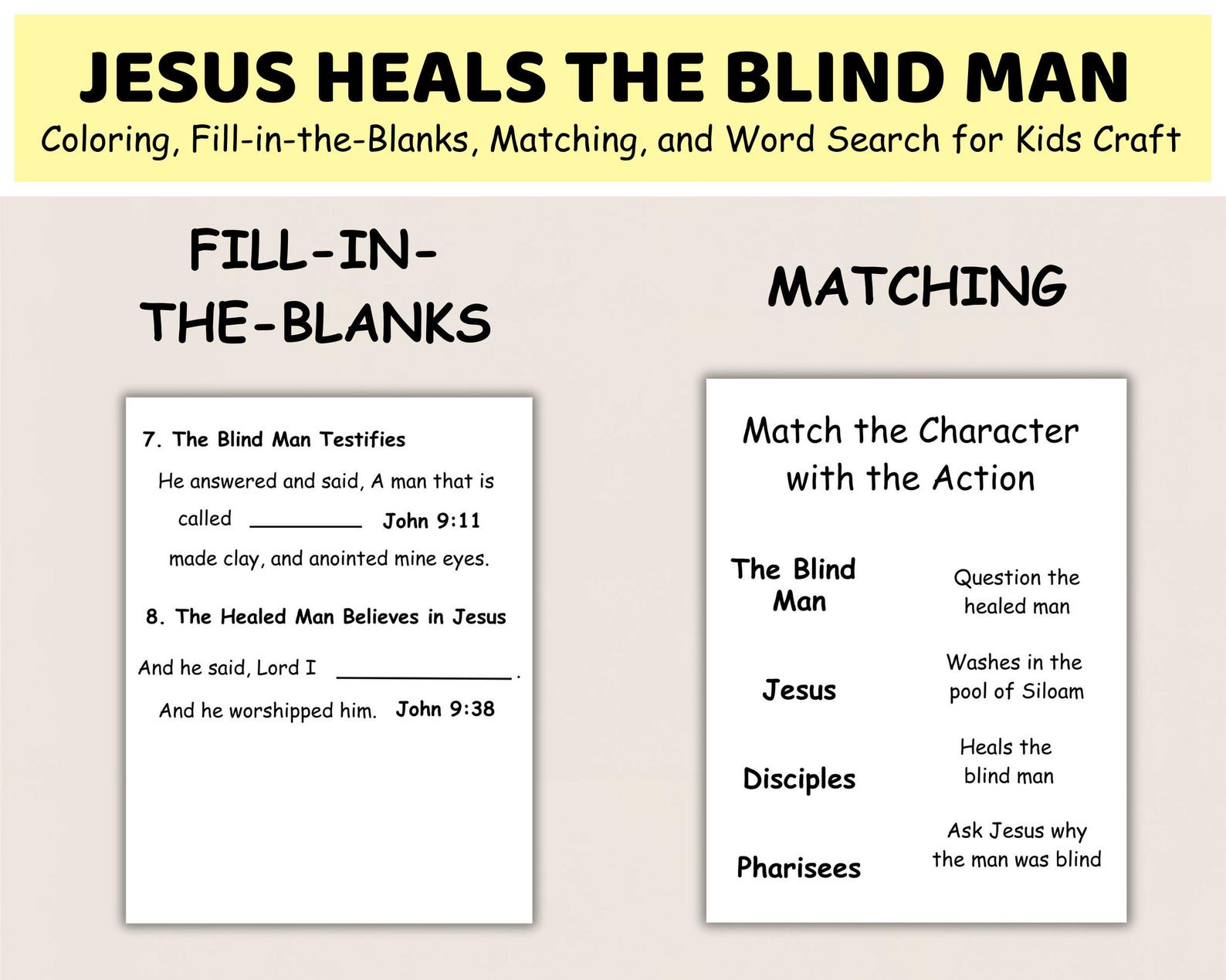 Jesus Heals the Blind Man Craft - KJV Bible Story Coloring, Fill in the ...