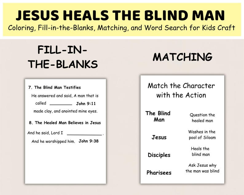 Jesus Heals the Blind Man Craft - KJV Bible Story Coloring, Fill in the ...