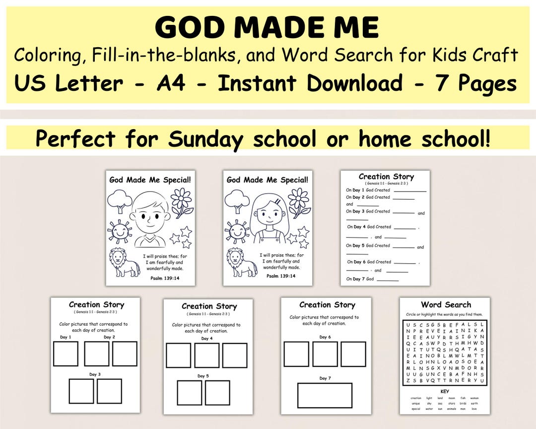 God Made Me Coloring Pages, Fill in the Blanks and Word Search ...