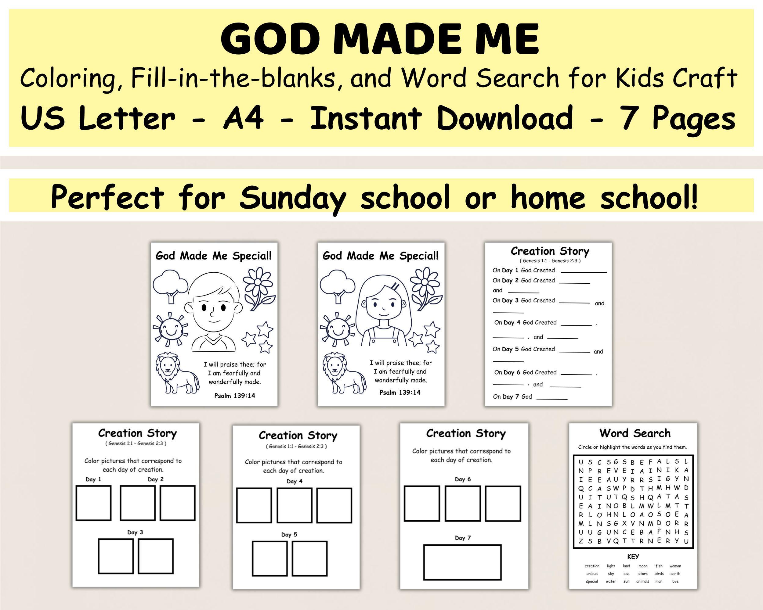 God Made Me Coloring Pages, Fill in the Blanks and Word Search ...
