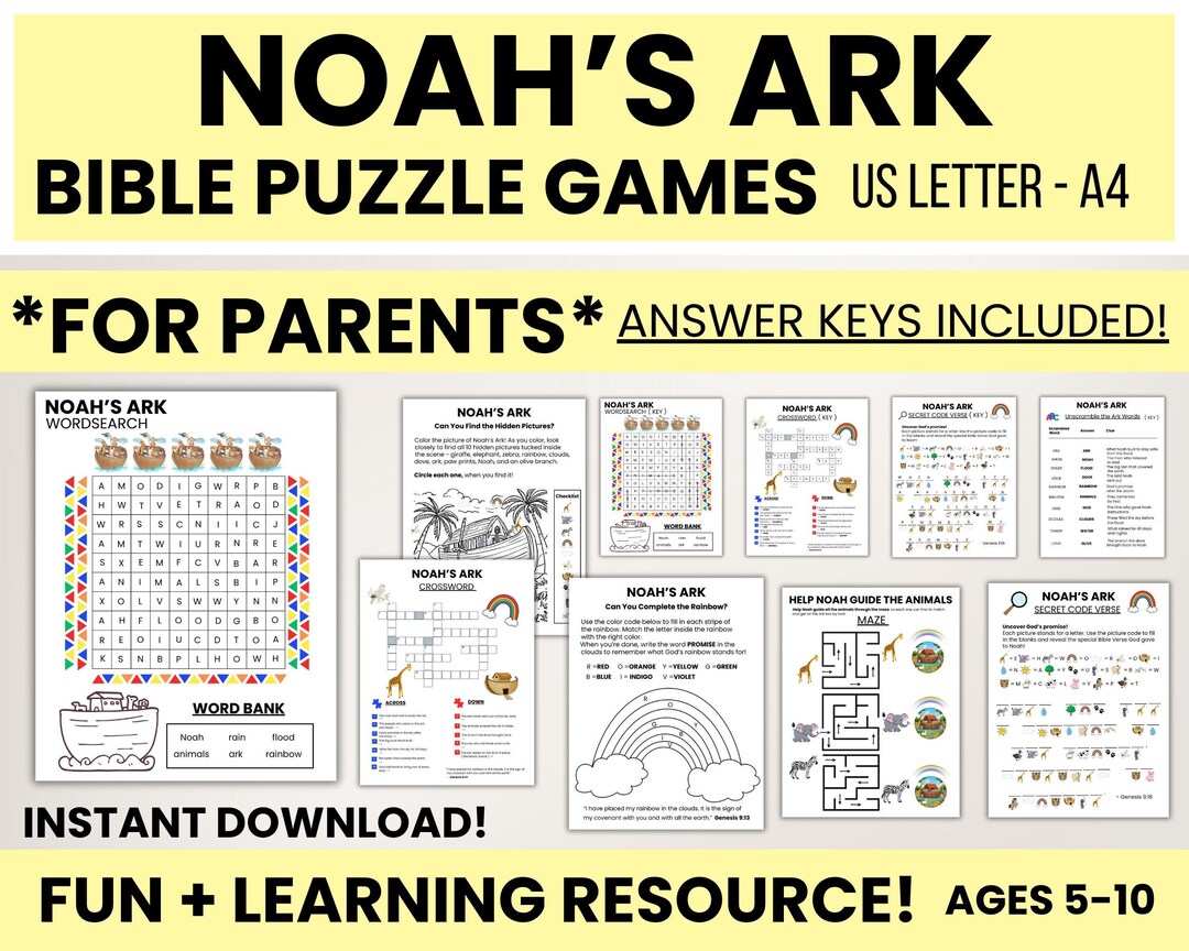 Noah's Ark Bible Puzzle Games for Kids Printable - Fun Bible Activity ...