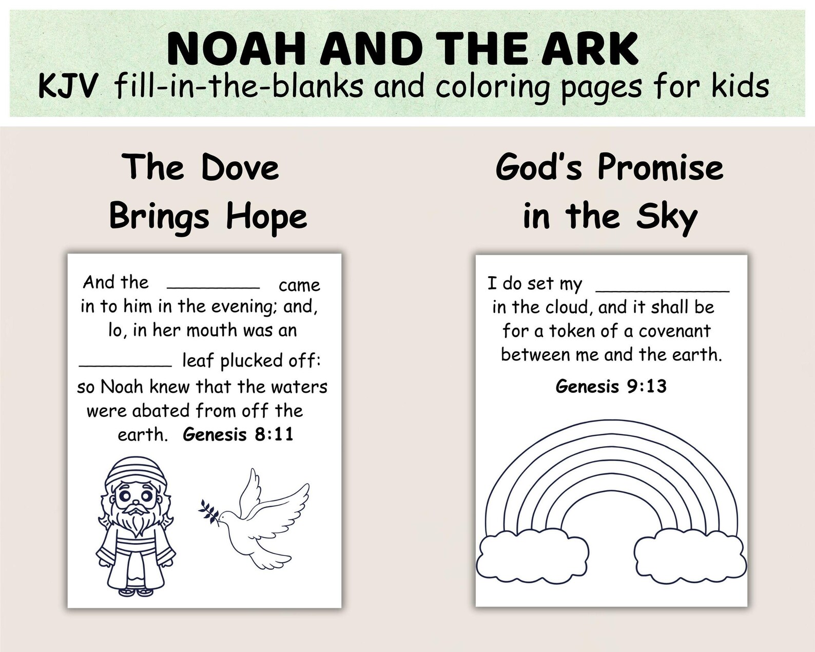 Noah and the Ark, Fill in the Blanks & Coloring Pages for Kids, KJV ...