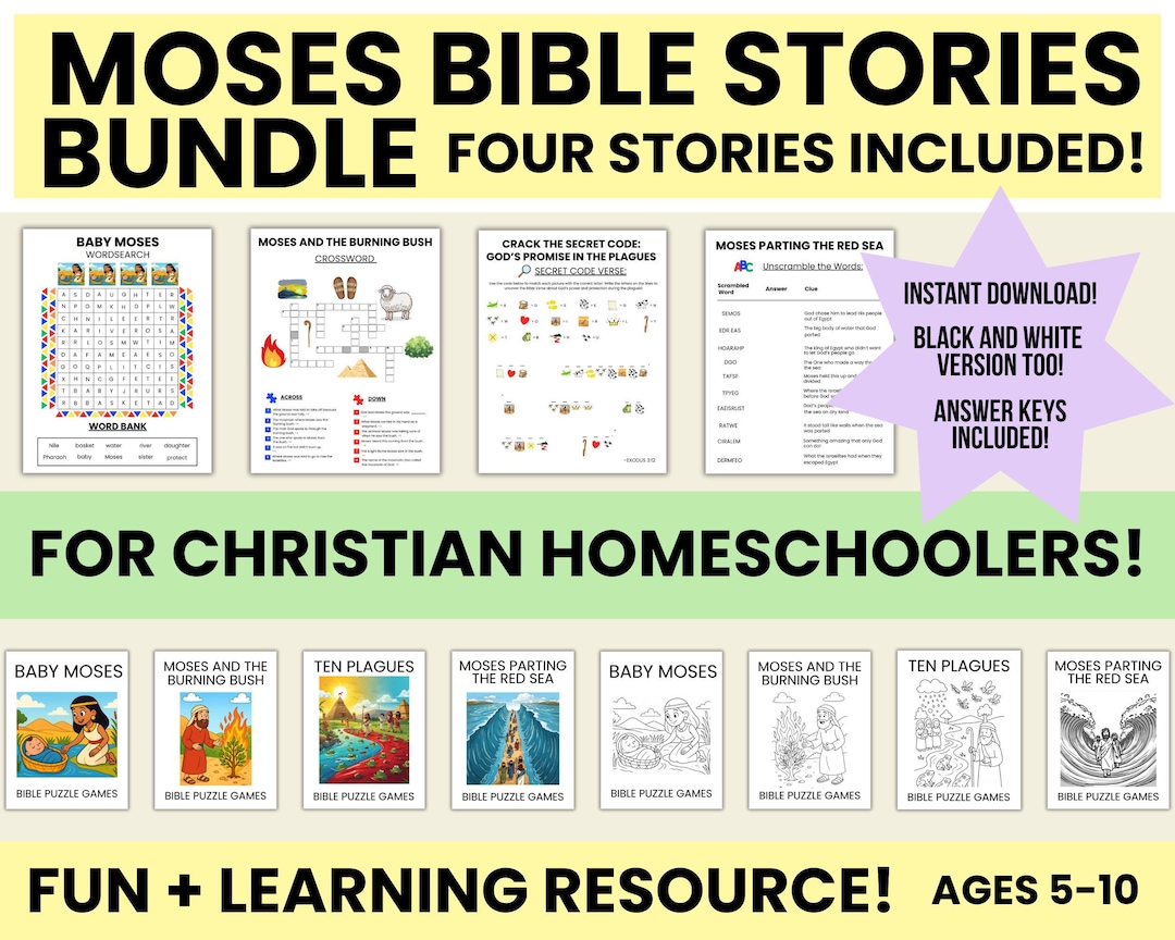 Moses Bible Stories Puzzle Games Bundle for Homeschool - Birth of Moses ...