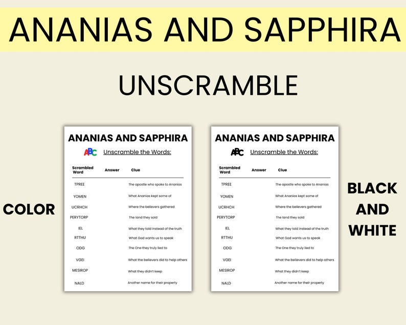 Ananias and Sapphira Bible Puzzle Games - Sunday School Activity Pack ...
