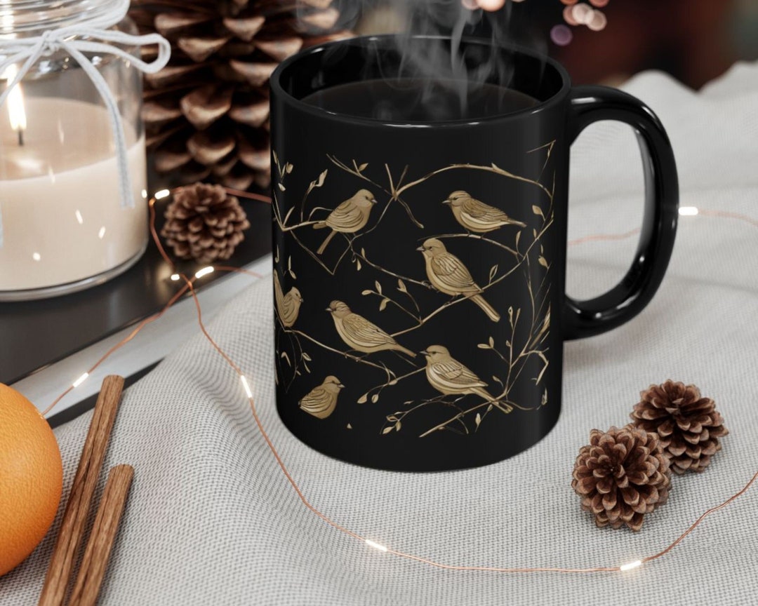 Minimalist Line Art Gold Sparrows Black Mug 11oz, Unique Bird Lover ...