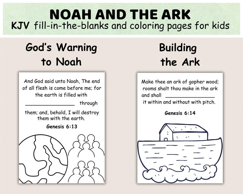 Noah and the Ark, Fill in the Blanks & Coloring Pages for Kids, KJV ...