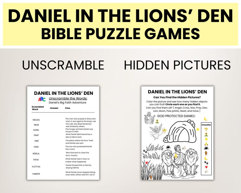 Daniel in the Lions' Den Bible Puzzle Games Printable for Sunday School ...