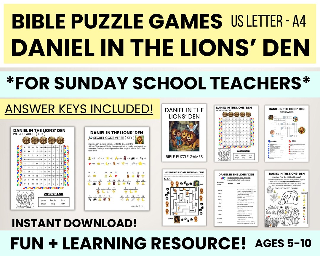 Daniel in the Lions' Den Bible Puzzle Games Printable for Sunday School ...