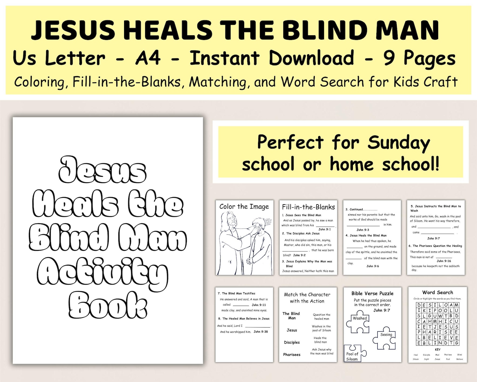 Jesus Heals the Blind Man Craft - KJV Bible Story Coloring, Fill in the ...