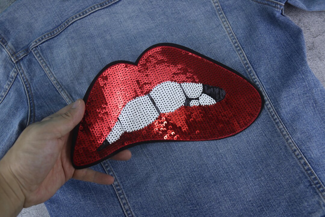 Large Sequined Red Lip Patch, Biting, Iron on Patch, Stick on Patch, Embroidered Patch, Funny ...