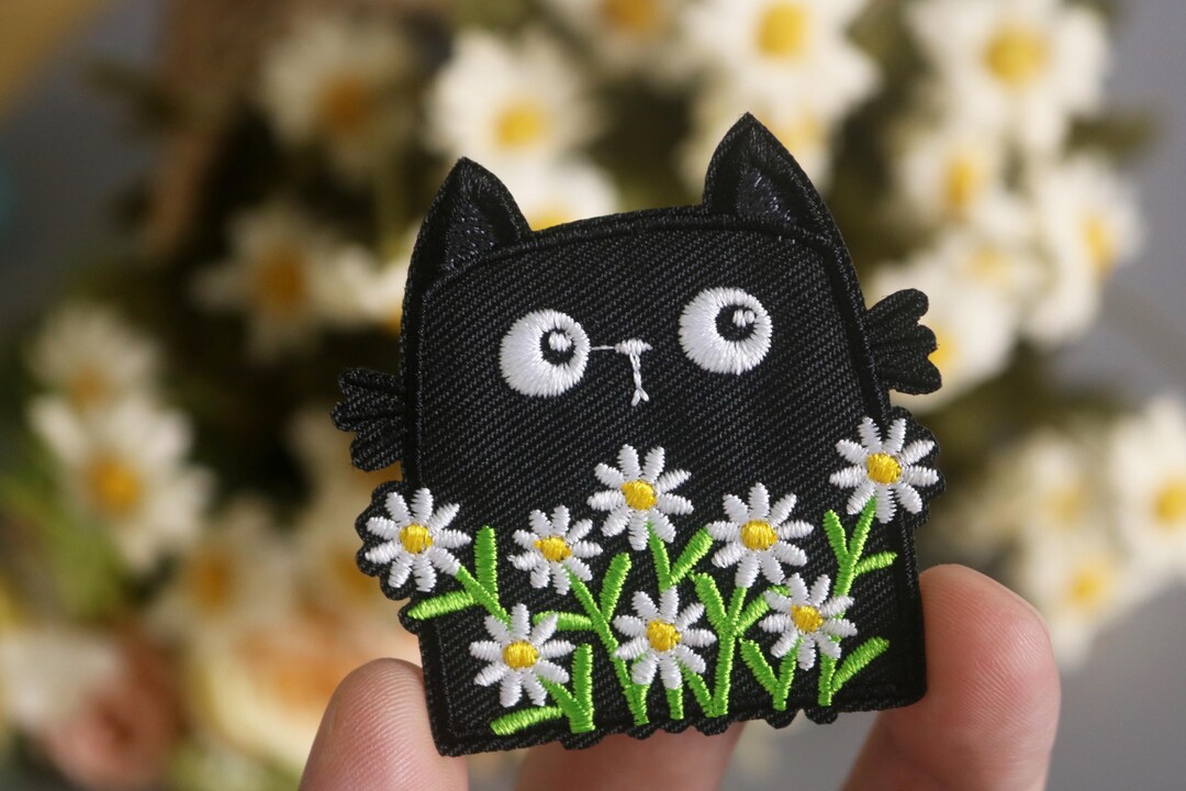 Black Cat With White Flowers Patch, Cute, Iron on Patch, Embroidered ...