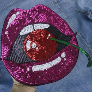 Large Sequined Lip Patch, Biting Cherry Patch, Fruit, Iron on Patch, Embroidered Patch, Funny ...