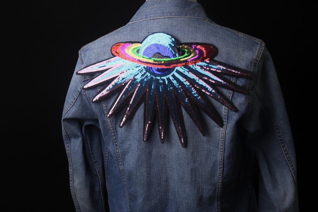 Large Sequined Rainbow Laser Planet Patch, Iron on Patch, Embroidered ...