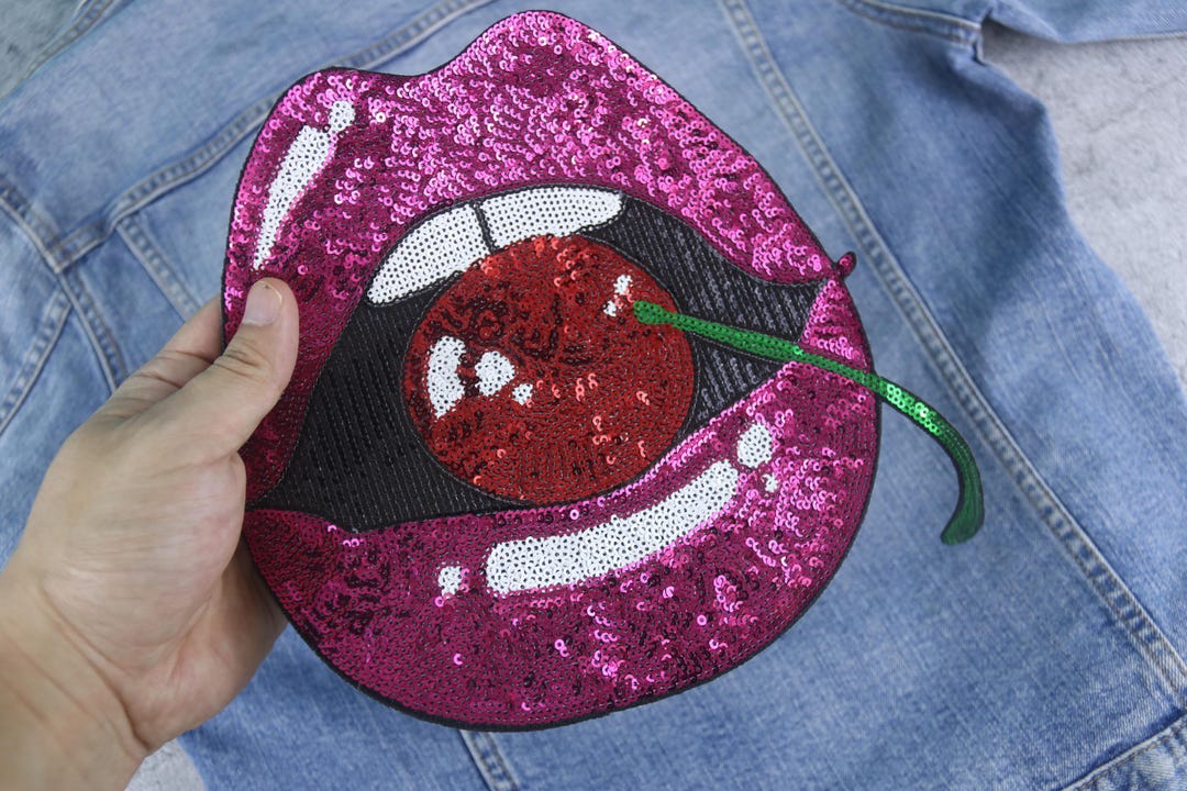 Large Sequined Lip Patch, Biting Cherry Patch, Fruit, Iron on Patch, Embroidered Patch, Funny ...