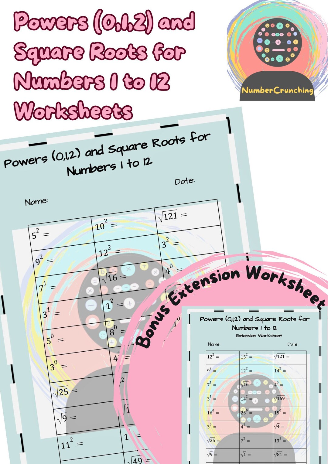 Powers 0,1,2 and Square Roots for Numbers 1 to 12 Worksheets PLUS Bonus ...