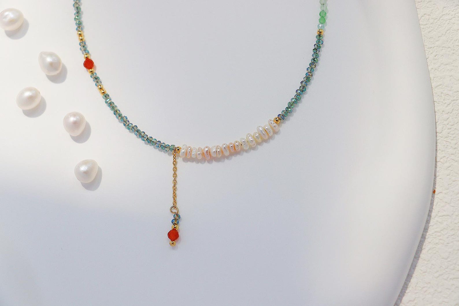 Natural Pearl With Turquoise Crystal Bead Necklace, Turquoise Pearl ...