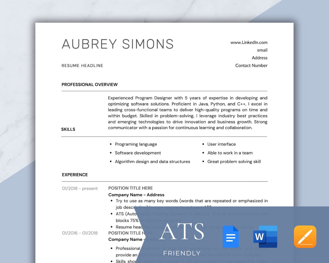 Modelo de currículo ATS, Microsoft Word, Google Docs, Apple Pages ...