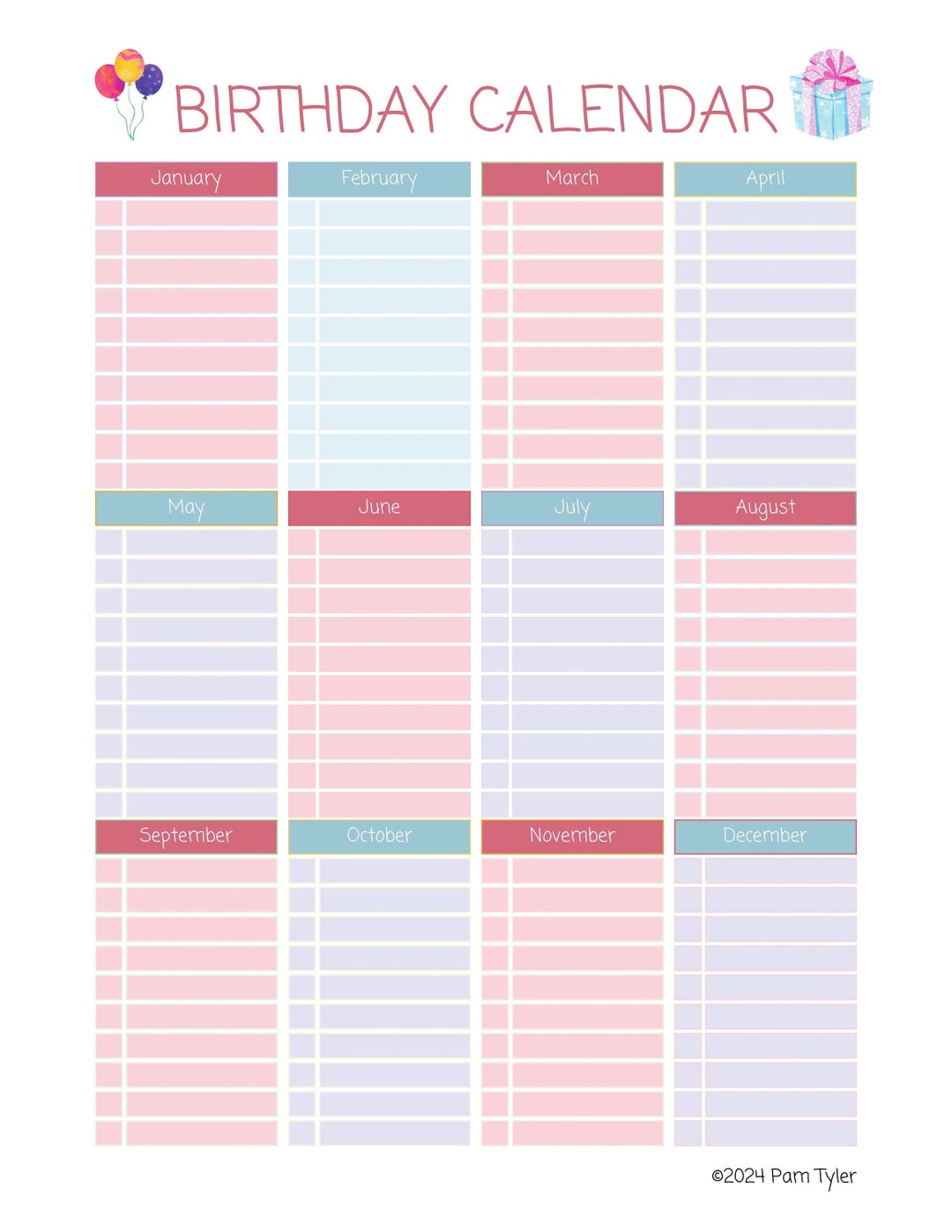 Year-at-a-glance Birthday Organizer | Printable PDF Calendar Download ...