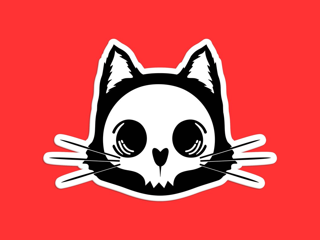 Skeleton Cat Head Sticker, Gothic Feline Decal, Unique Cat Art, Spooky ...