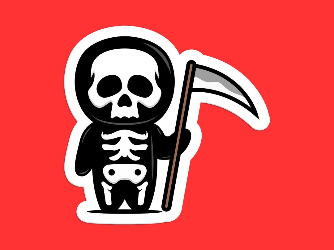Skeleton Scythe Sticker, Grim Reaper Cartoon Art, Halloween Skeleton ...