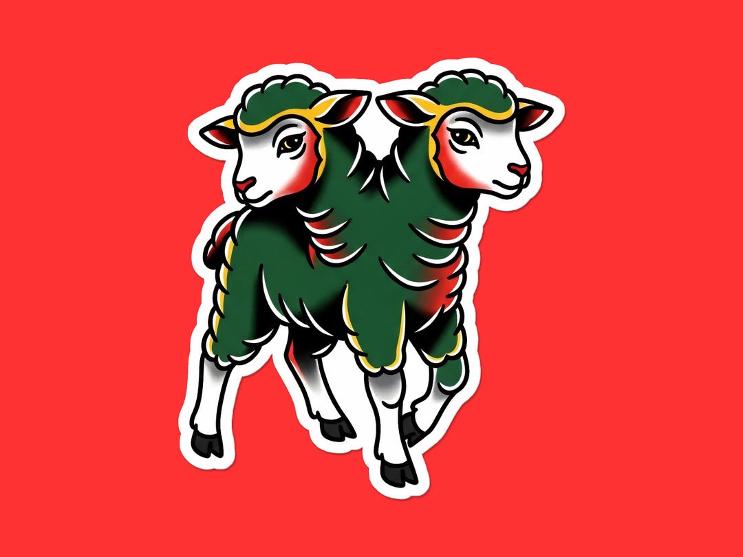 Two-headed Green Sheep Sticker | Folk Art Cryptid Vinyl Decal | Unusual ...