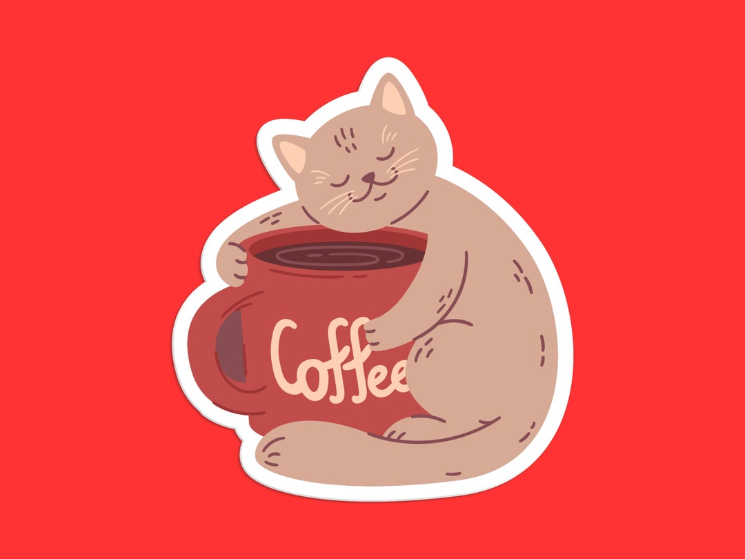 Cute Cat Coffee Sticker - Cozy Coffee Lover Decal - Etsy