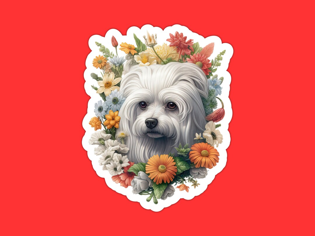 Maltese Dog Floral Sticker, White Maltese With Daisies and Marigolds ...