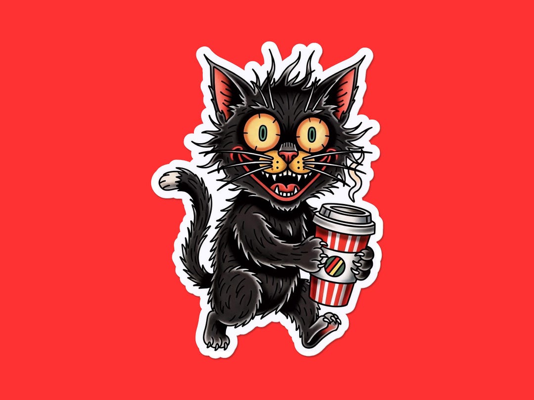 Caffeinated Coffee Cat Sticker | Wild Black Cat With Cup | Funny ...