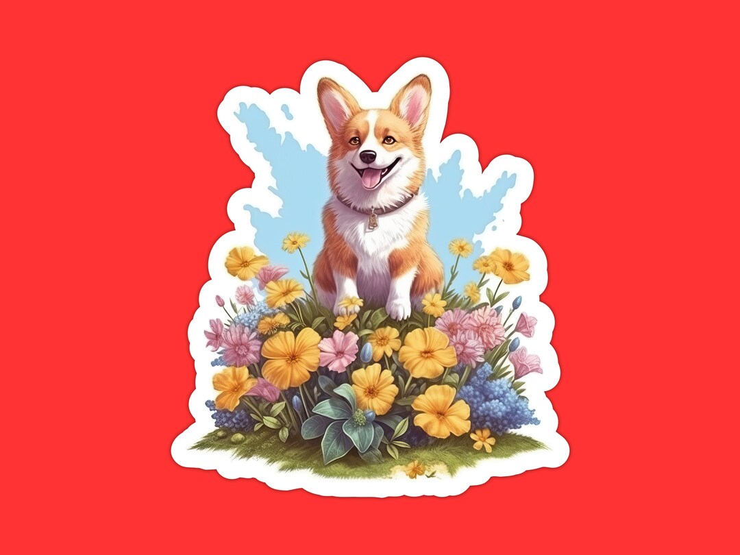 Pembroke Welsh Corgi Dog Sticker, Fawn Corgi, Yellow Marigolds Pink ...