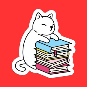 White Bookish Cat Sticker, Cute Feline Decal, Literary Cat Art ...