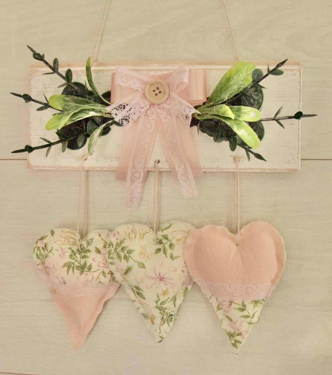 Cottagecore Romantic Hanging Hearts Plaque - Shabby Chic Floral Decor ...