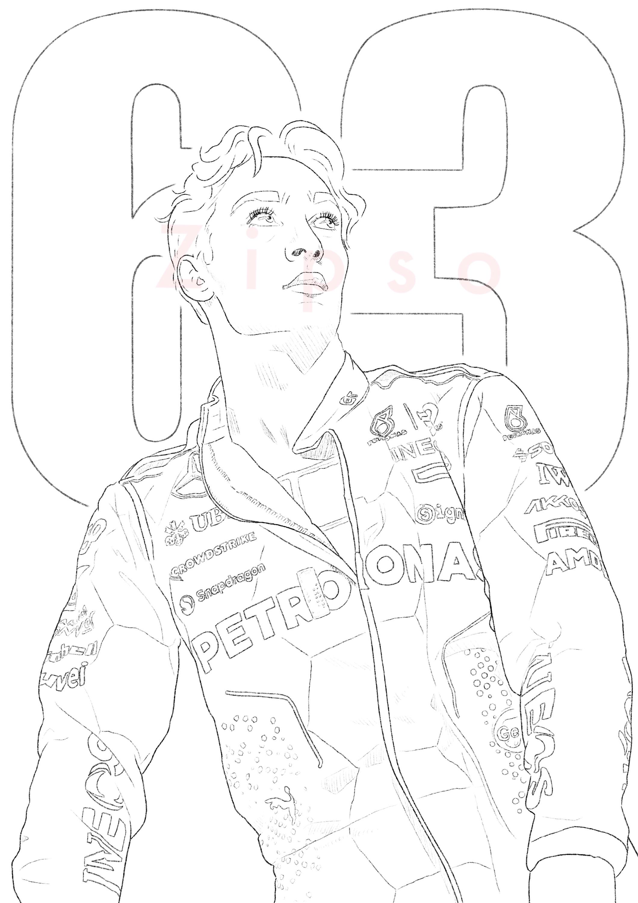 George Russell Coloring Printables, Poster, Mercedes, F1, Formula 1 ...