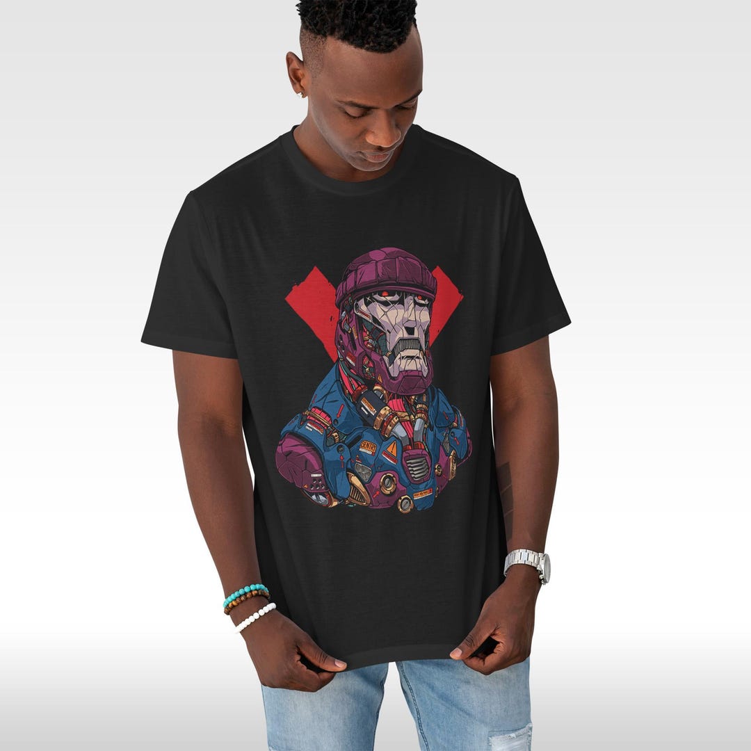 Cybernetic Sentry Robot T-shirt With Warning Labels Comic Portrait ...