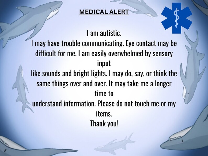 Medical Alert Card Laminated Autism SHARKS - Etsy