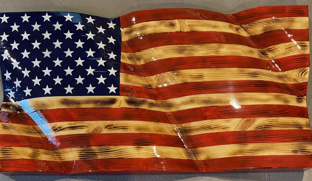 Wooden Wavy American Flag - Handcrafted With Shiny Epoxy Resin Finish ...