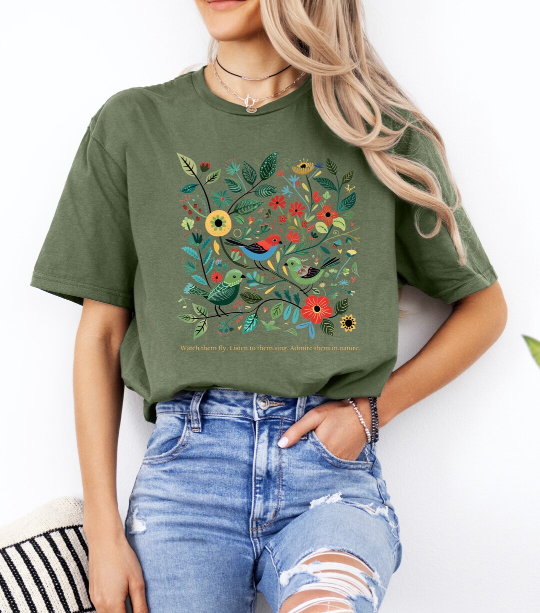 Cottagecore Birds and Flowers Tshirt, Folk Art Scandi Art T Shirt, Plus ...