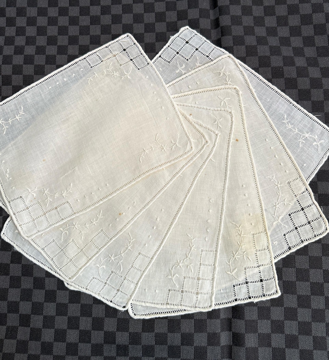 Embroidered Coasters . 7 Linen Coasters . Lot of 7 . Fagoting Lacework ...