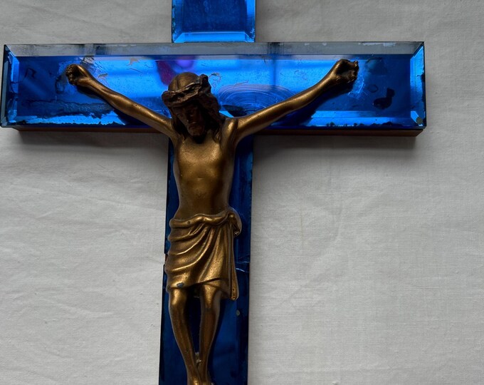 Art Deco Crucifix Set . Blue Mirror Crucifix . Crucifix Set . 3 Pieces ...