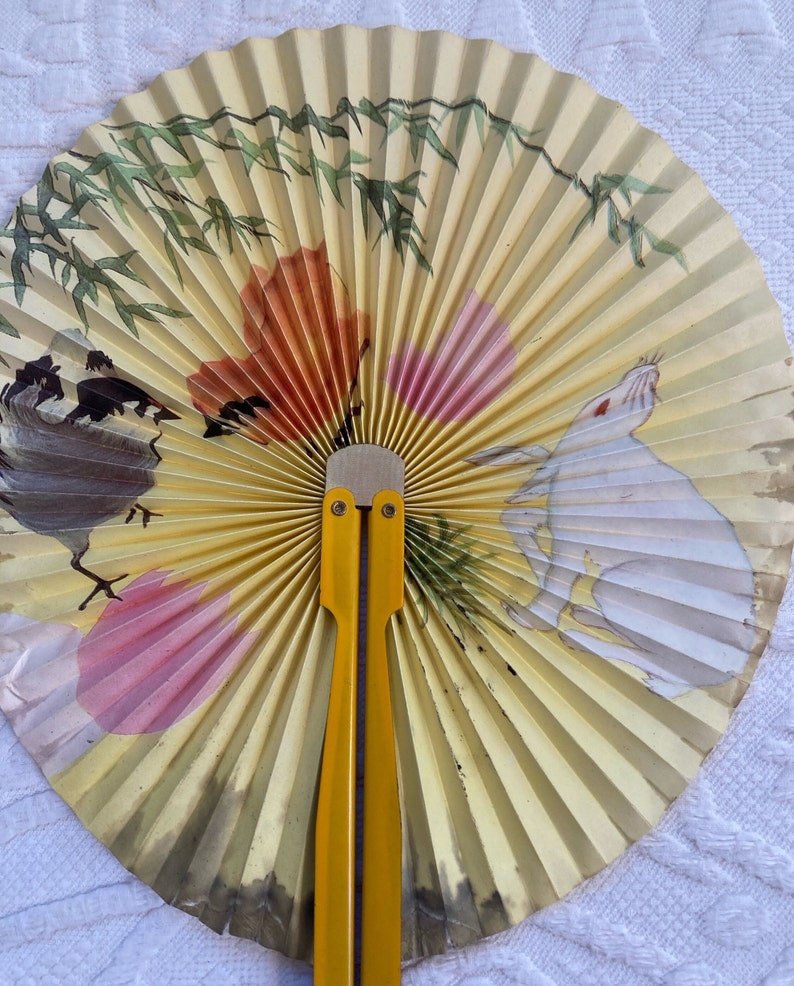 Hand Painted Chinese Paper Fan in Yellow Metal Case - Etsy