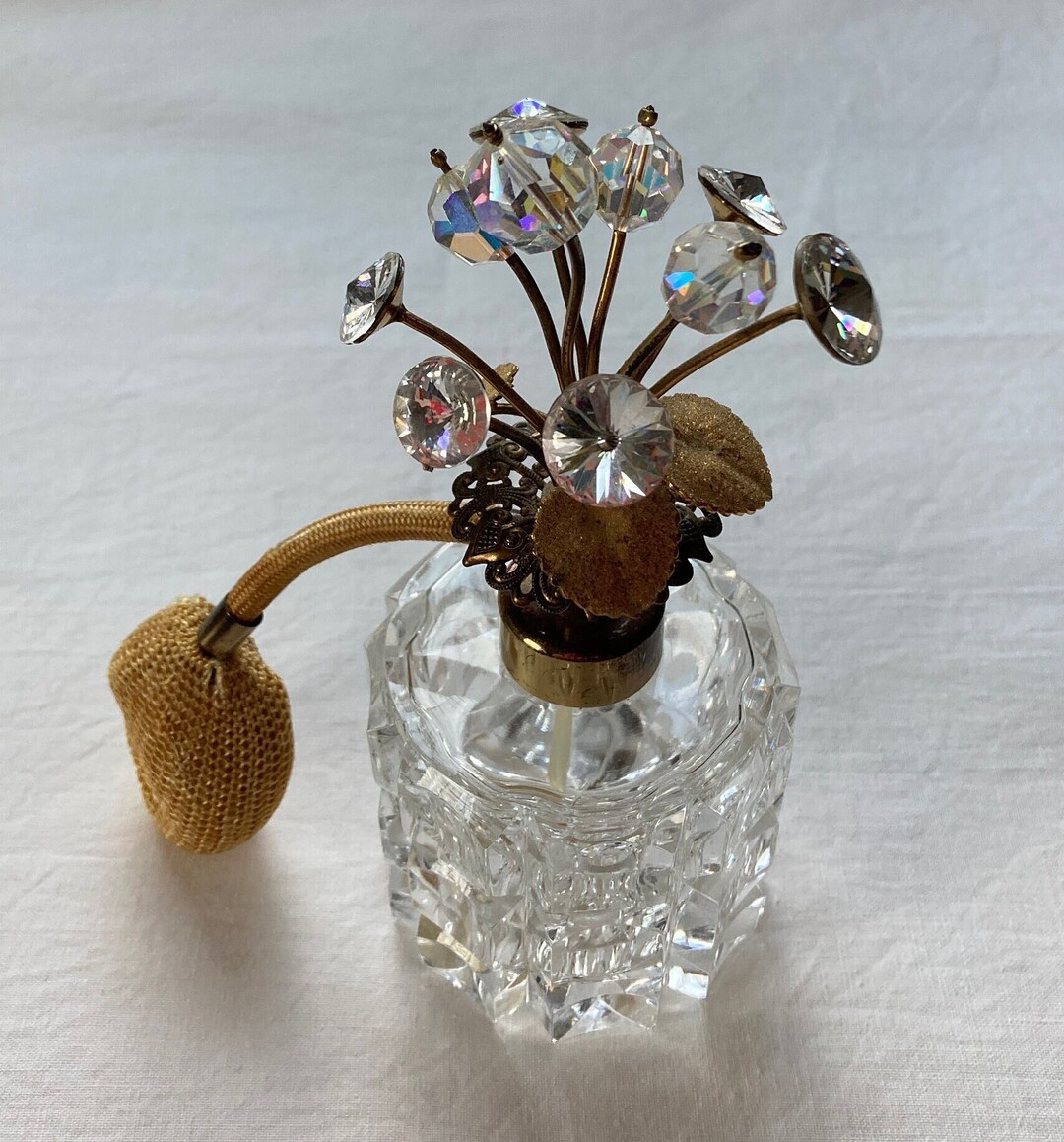 Vintage Irice Crystal Perfume Bottle: Rhinestone Floral Topper, West ...