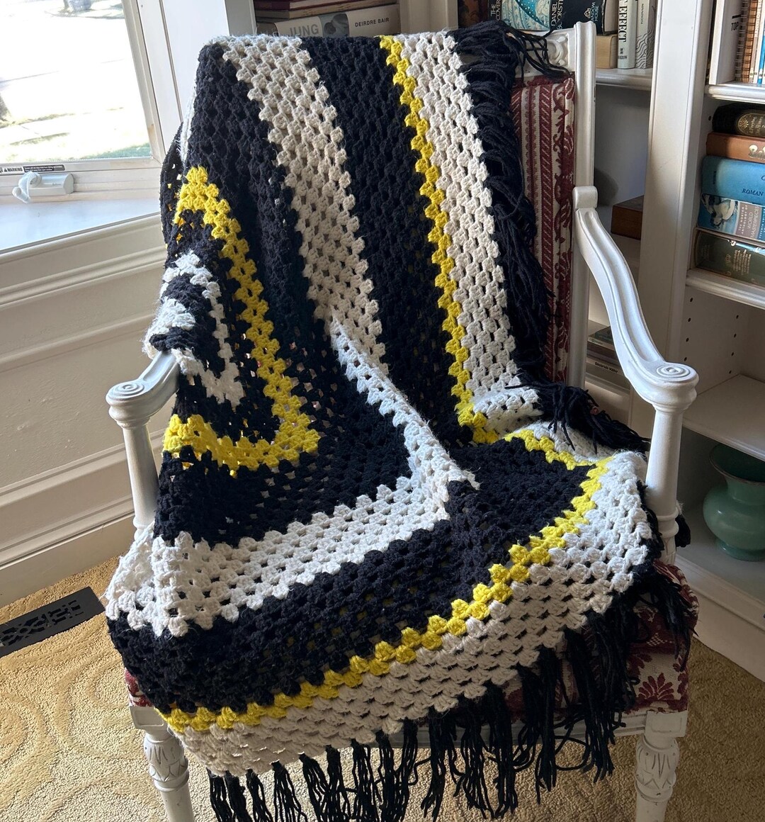 Retro 70s Crochet Afghan: Handmade Colorblock Fringed Blanket - Etsy