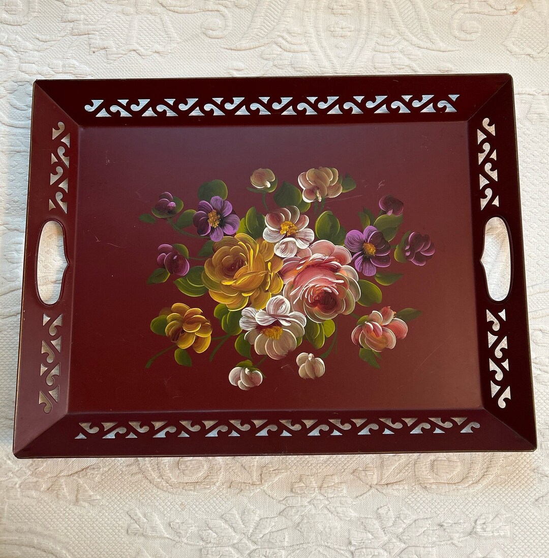 Ruby Red Tole Tray . Hand Painted . Tole Tray . Floral Tole . Folk Tray ...