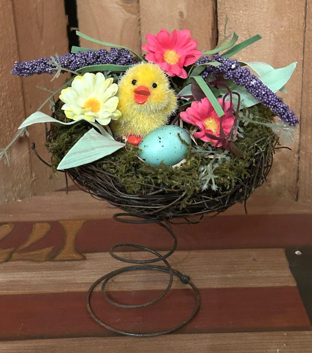 Spring Bird's Nest Arrangement With Chick on Antique Bed Spring ...