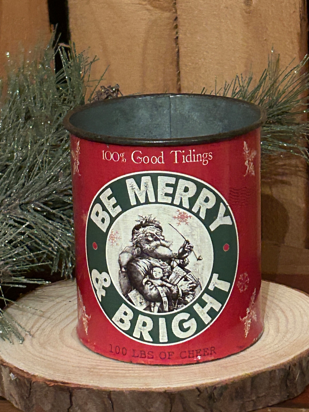 Christmas Santa Vintage Metal Can, Winter Holiday Bucket, Merry ...